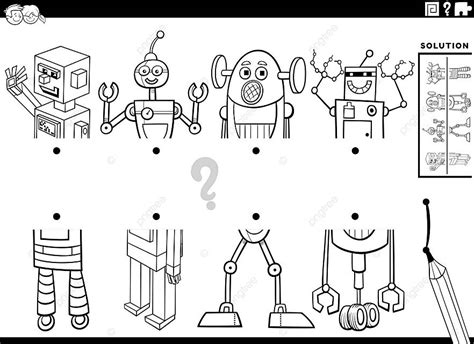 coloring book page match the halves of cartoon robot pictures vector