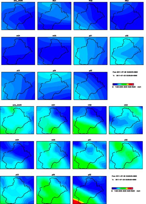 Spatial Distributions Of Cumulative Ensemble Rainfalls Upper 10 Km Download Scientific