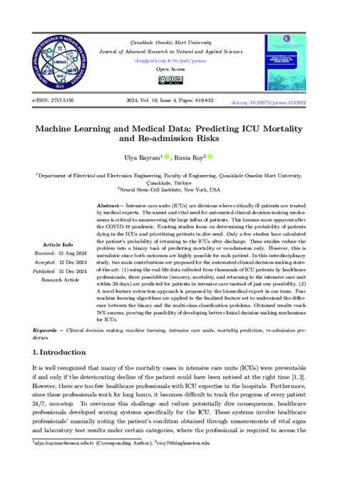 Pdf Machine Learning And Medical Data Predicting Icu Mortality And Re Admission Risks