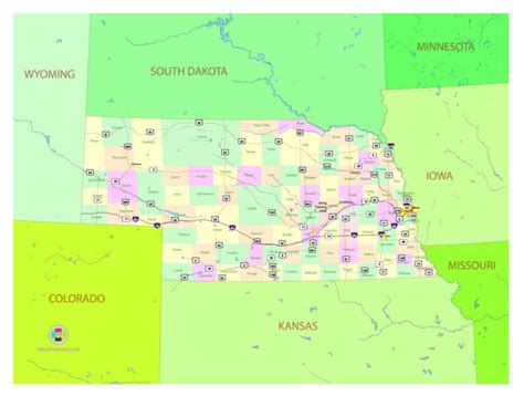 Free Vector Map Of The State Of Nebraska Usa Main Roads With Numbers