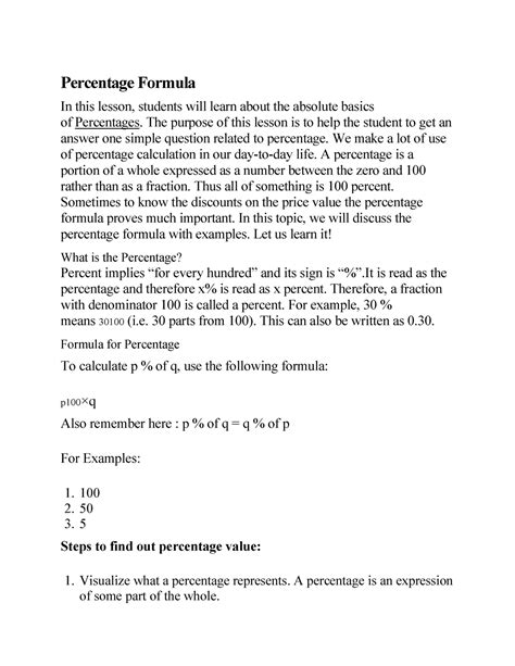Percentage Formula The Purpose Of This Lesson Is To Help The Student