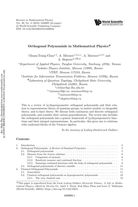 Pdf Orthogonal Polynomials In Mathematical Physics A Life In Mathematical Physics