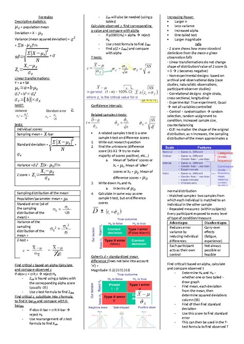 Formula Sheet Mid sem Formulas Descriptive statistics μX population mean Deviation X μX