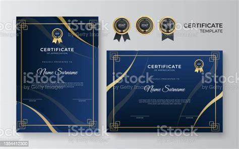 현대 블루 와 골드 인증서 템플릿 수상 비즈니스 및 교육을 위한 배지가 설정된 디플로마 인증서 테두리 템플릿 감탄에 대한 스톡