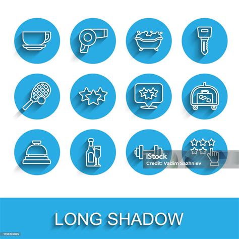 세트 라인 호텔 서비스 벨 유리가 달린 샴페인 병 커피 컵 덤벨 별 등급 수하물 카트 및 아이콘 벡터 1위에 대한 스톡 벡터 아트 및 기타 이미지 Istock