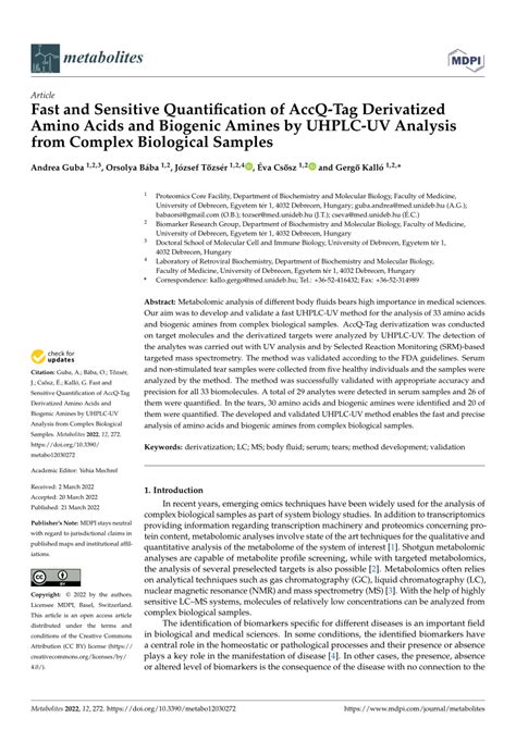 Pdf Fast And Sensitive Quantification Of Accq Tag Derivatized Amino Acids And Biogenic Amines