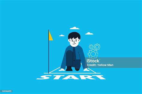 시작 라인에서 스프린트 할 준비가 된 사업가 경력 개념 시작 초점과 의지 개념 자신감 동기 부여 사업가는 시작 경주 라인에서 준비하고 경쟁에서 승리 할 준비가되어 있어야