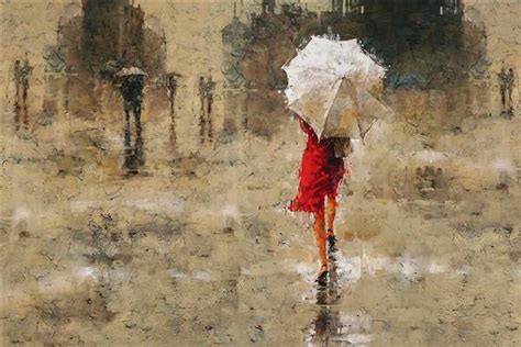 بانوی قرمزپوش در یک روز بارانی با چتر 1451337