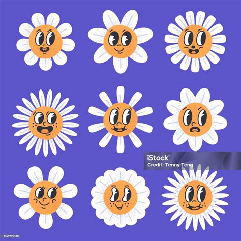 만화 카모마일 꽃입니다 눈과 입이 있는 복고풍 만화책 데이지 이모티콘 재미 있는 얼굴로 피는 데이지 꽃 평면 벡터 일러스트 레이 션 세트 개체 그룹에 대한 스톡 벡터 아트