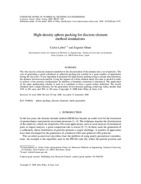 Pdf High Density Sphere Packing For Discrete Element Method Simulations