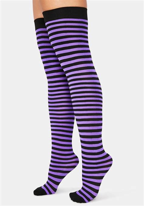 Striped Halloween Thigh High Socks Black Purple Dolls Kill