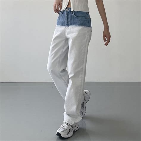 [s M L]하이웨스트 청바지 데님 일자핏 와이드 팬츠 롱 포켓 지퍼 버튼 중청 연청 진청 면바지 여름 스판 롤업 배기 조거 스트릿 배색 체크 밴딩 생지 캐주얼 하객룩 러삘 청바지