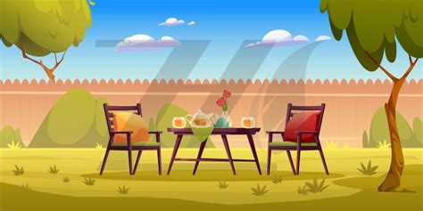 دانلود وکتور کارتونی حیاط خلوت طرح حصار درختان و میز و صندلی چوبی