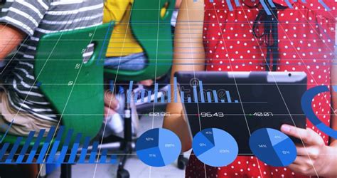 Image Of Digital Interface With Charts And Graphs Moving Over Smiling Schoolgirl Using Tablet In