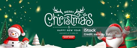 메리 크리스마스 메시지와 새해 복 많이 받으세요 세일 산타 클로스 캐릭터와 눈사람 소나무 배너 12월에 대한 스톡 벡터 아트 및 기타 이미지 Istock