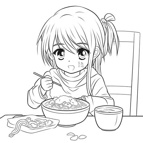 시리얼을 먹는 애니메이션 소녀 색칠 페이지 생성 Ai 프리미엄 사진