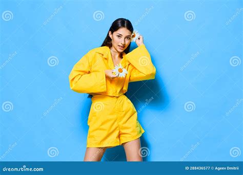 Happiness Woman Blue Chamomile Yellow Portrait Care Smile Young Model
