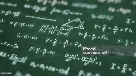 추상 물리학 방정식 개념 수학 계산 과학 공식 산술 및 필기 기하학 기호 그린 보드 배경에 필기 분필 연구 3d 렌더링 수학