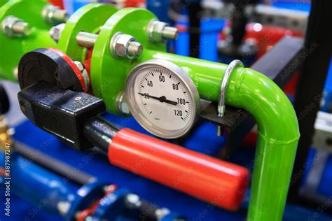 Pipe With Temperature Sensor And Horizontal Valve Home Heating System Close Up Side View Stock