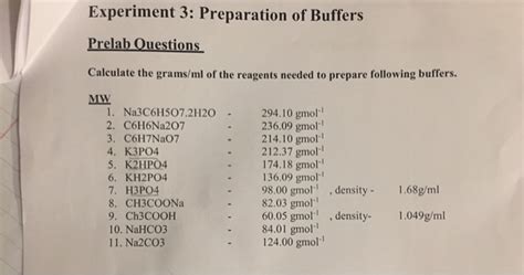 Solved Experiment 3 Preparation Of Buffers Prelab Questions Chegg Com