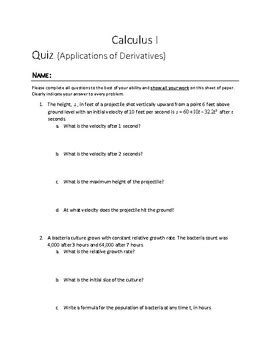 Applications Of Derivatives Quiz By Calculus Practice TPT