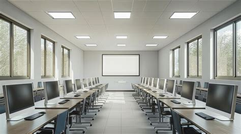 Classroom With Rows Of Computers And A Smartboard Premium AI Generated Image
