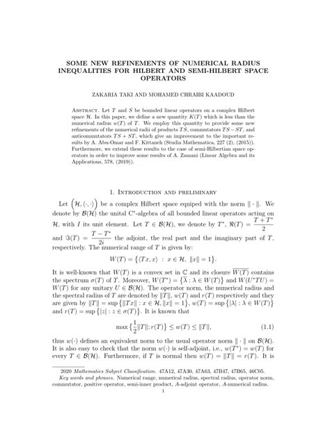Pdf Some New Refinements Of Numerical Radius Inequalities For Hilbert