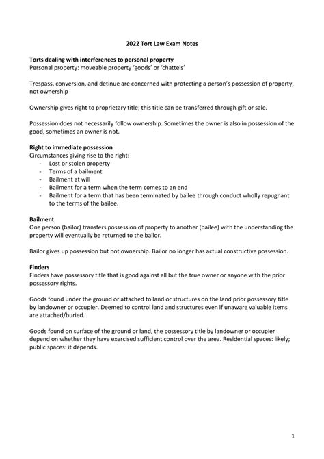 Tort Law Exam Notes Law1507 Tort Law Adelaide Thinkswap