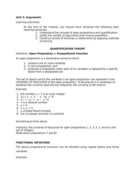 Quantification Theory Unit 2 Arguments Learning Outcomes At The End