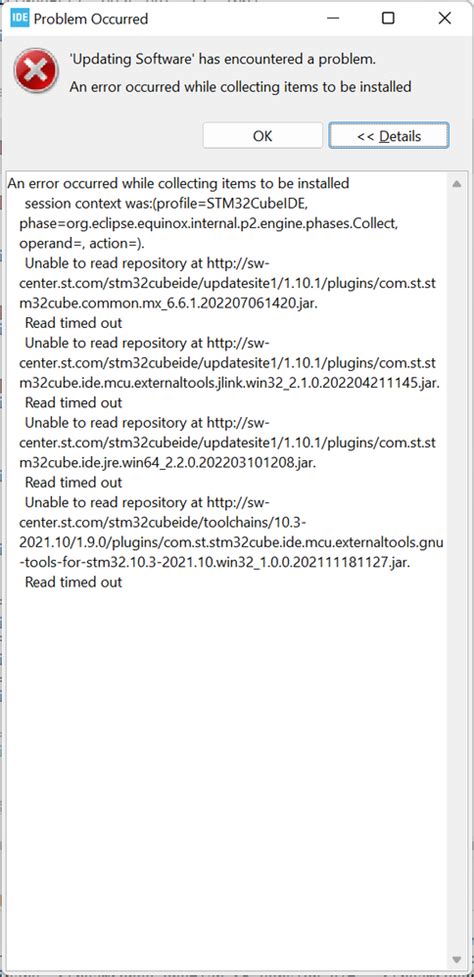 Solved Unable To Update Stm32ide Stmicroelectronics Community