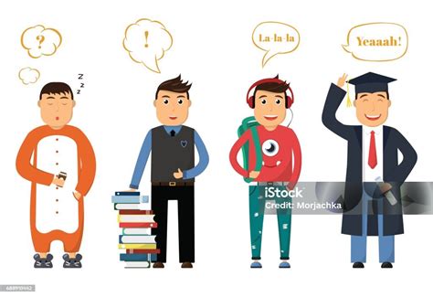 대학에 학생 생활입니다 젊은 남자는 아침에 잔 다 휴가 공휴일 졸업 일도 서와 함께 커피를 보유 하 고 만화 연설 거품을 가진 사람 교육 테마입니다 벡터 일러스트 레이 션
