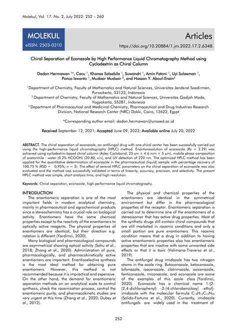 Pdf Chiral Separation Of Econazole By High Performance Liquid Chromatography Method Using