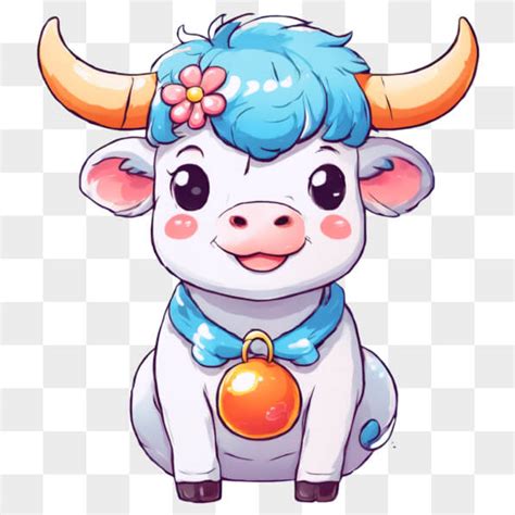 Download Kawaii Cow Character With Blue Hair And Flower Kawaii Online