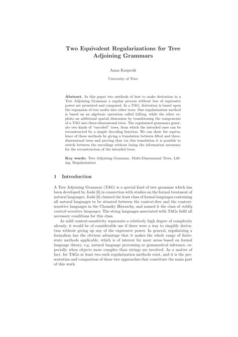 Pdf Two Equivalent Regularizations For Tree Adjoining Grammars