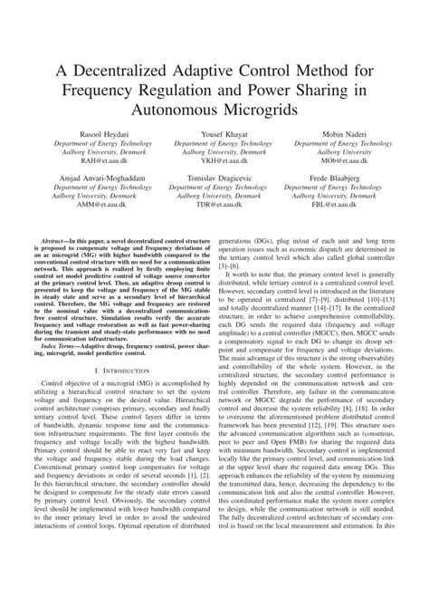 Pdf A Decentralized Adaptive Control Method For Frequency Regulation And Power Sharing In