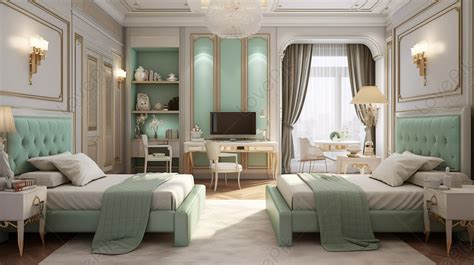 궁극의 럭셔리함을 경험해 보세요 싱글 침대 2개 책장 Tv 및 화장대가 있는 3d 렌더링 클래식 스타일 침실 화장 배경 Tv 배경 3d 침대 배경 이미지 Hd