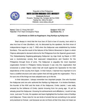 Synthesis Republic Of The Philippines NORTH EASTERN MINDANAO STATE UNIVERSITY Graduate