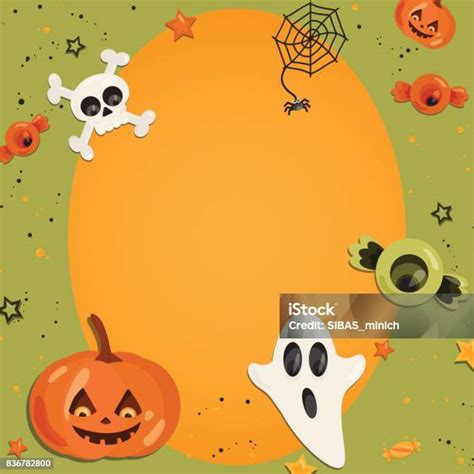 평면 스타일에서 할로윈 만화 예술입니다 오렌지 배경 귀여운 귀신 호박 눈 뼈 두개골 텍스트 및 디자인을 위한 달콤한와 프레임 벡터 일러스트 레이 션 10월에 대한 스톡 벡터
