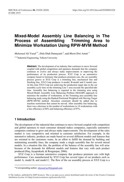 Pdf Mixed Model Assembly Line Balancing In The Process Of Assembling Trimming Area To Minimize