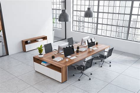 Pc 컴퓨터와 파노라마 창이 있는 사무실 내부의 상위 뷰 모형 0명에 대한 스톡 사진 및 기타 이미지 0명 3차원 형태 가구 Istock