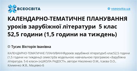 КАЛЕНДАРНО ТЕМАТИЧНЕ ПЛАНУВАННЯ уроків зарубіжної літератури 5 клас 52 5 години 1 5 години на