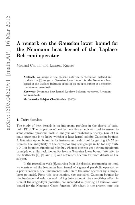 Pdf A Remark On The Gaussian Lower Bound For The Neumann Heat Kernel