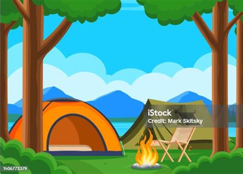 두 개의 텐트 의자와 모닥불이있는 숲 캠핑 여행 하이킹 및 활동 휴가의 개념 나무가있는 만화 풍경이있는 벡터 배너 녹색 잔디밭에