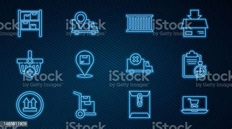 노트북에 라인 쇼핑 카트 설정 배송 목록 클립보드 확인 컨테이너 골판지 상자가 있는 위치 바구니 추가 창고 배송 화물 트럭 차량 및 추적 아이콘 벡터 노트북에 대한 스톡