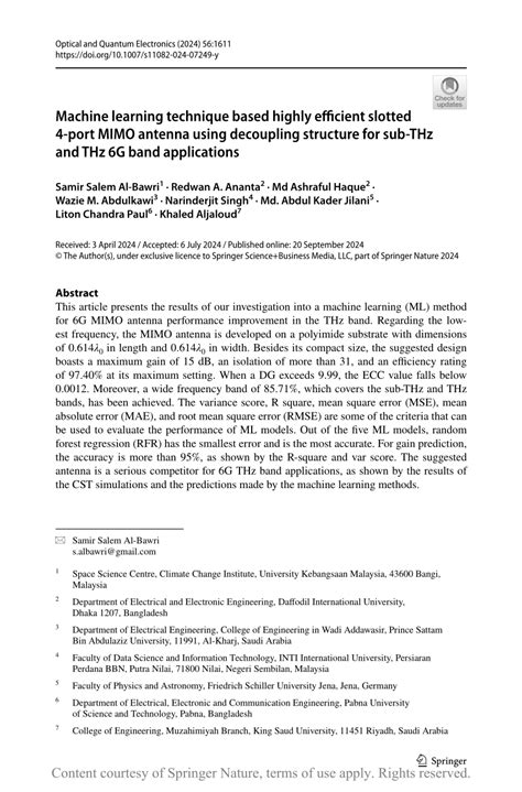 Machine Learning Technique Based Highly Efficient Slotted 4 Port Mimo Antenna Using Decoupling