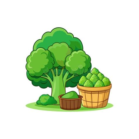 Cartoon Broccoli In Basket On Green Grass Illustration Stock Image