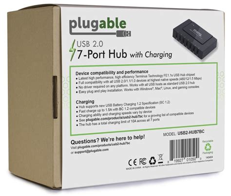 Plugable USB 2 0 7 Port Hub With 60W Power Adapter Plugable Technologies
