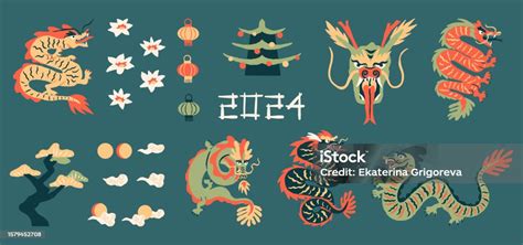 동양 중국 녹색 나무 용 클립 아트 세트 2024 새해 벡터 컬렉션 전통적인 아시아 Siheyuan 집 백합 나무 구름 태양