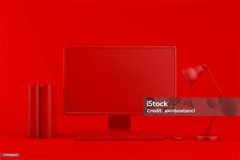 빨간색 배경에 3d 빈 컴퓨터 화면 모니터 최소한의 개념 빨강에 대한 스톡 사진 및 기타 이미지 빨강 책상 데스크탑 컴퓨터 Istock