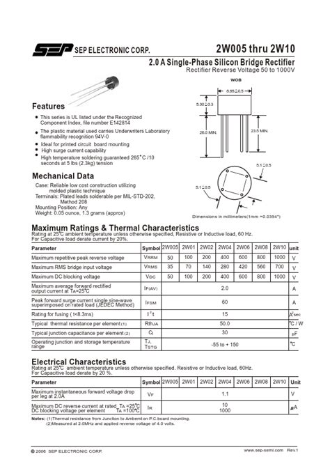 2w005 Datasheet Sep Electronic 2 0a Single Phase Silicon Bridge Rectifier